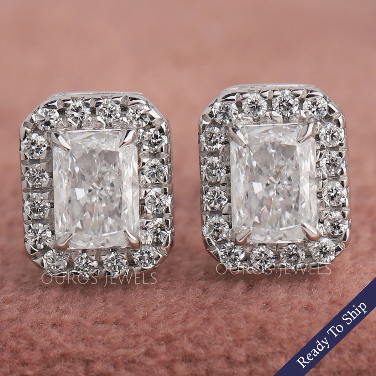 Radiant Cut Halo Diamond Stud Earrings — Ouros Jewels